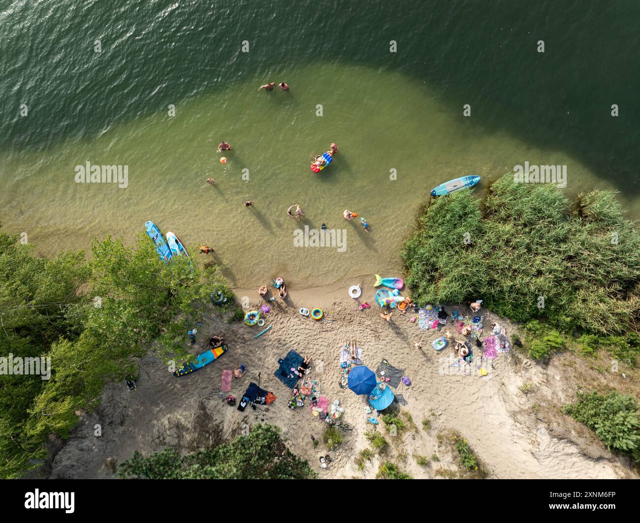Aerial drone view of summer lake beach. Sunny summer holiday at the ...
