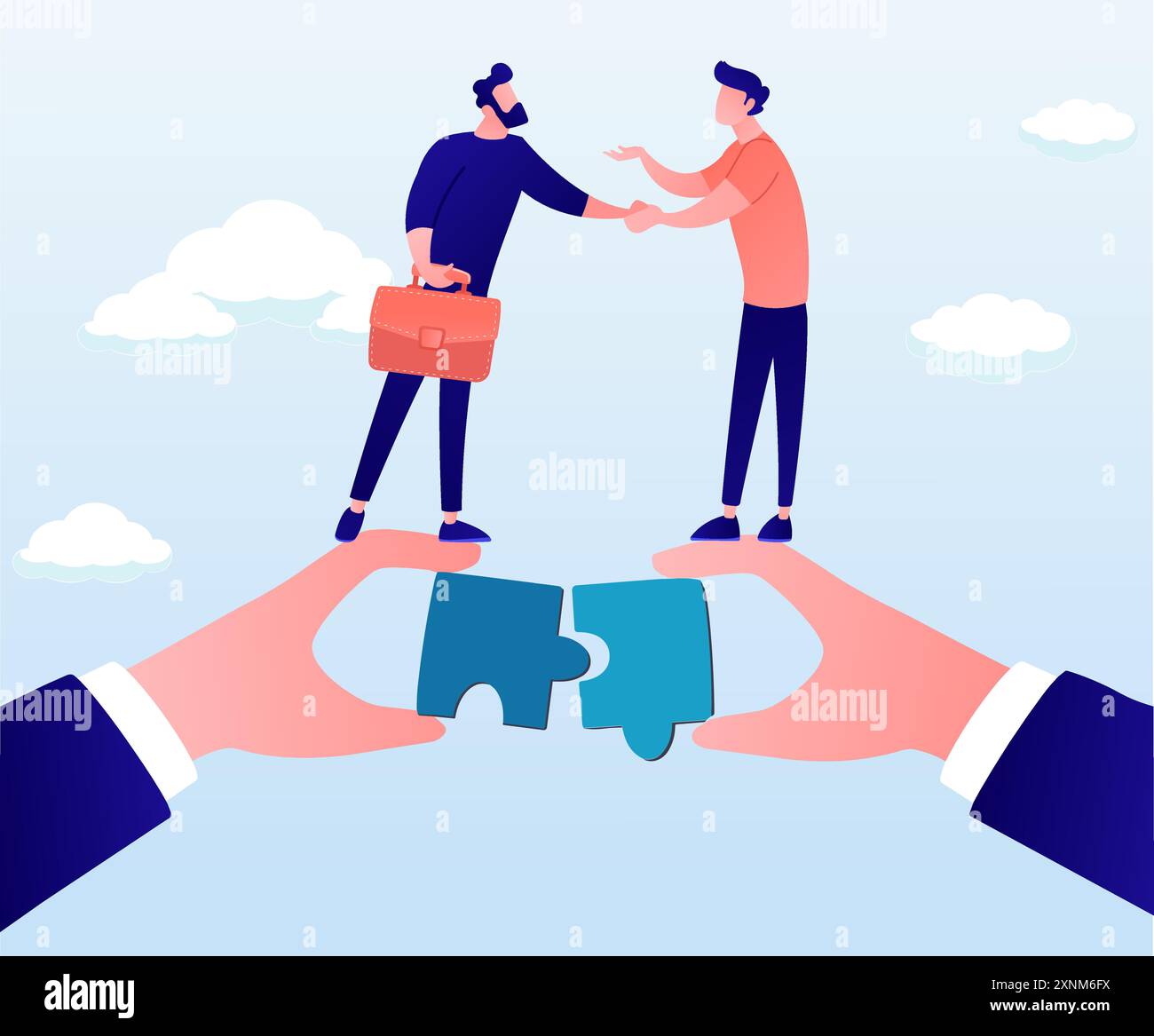 Partnership, teamwork, or collaboration to success, solve jigsaw puzzle ...