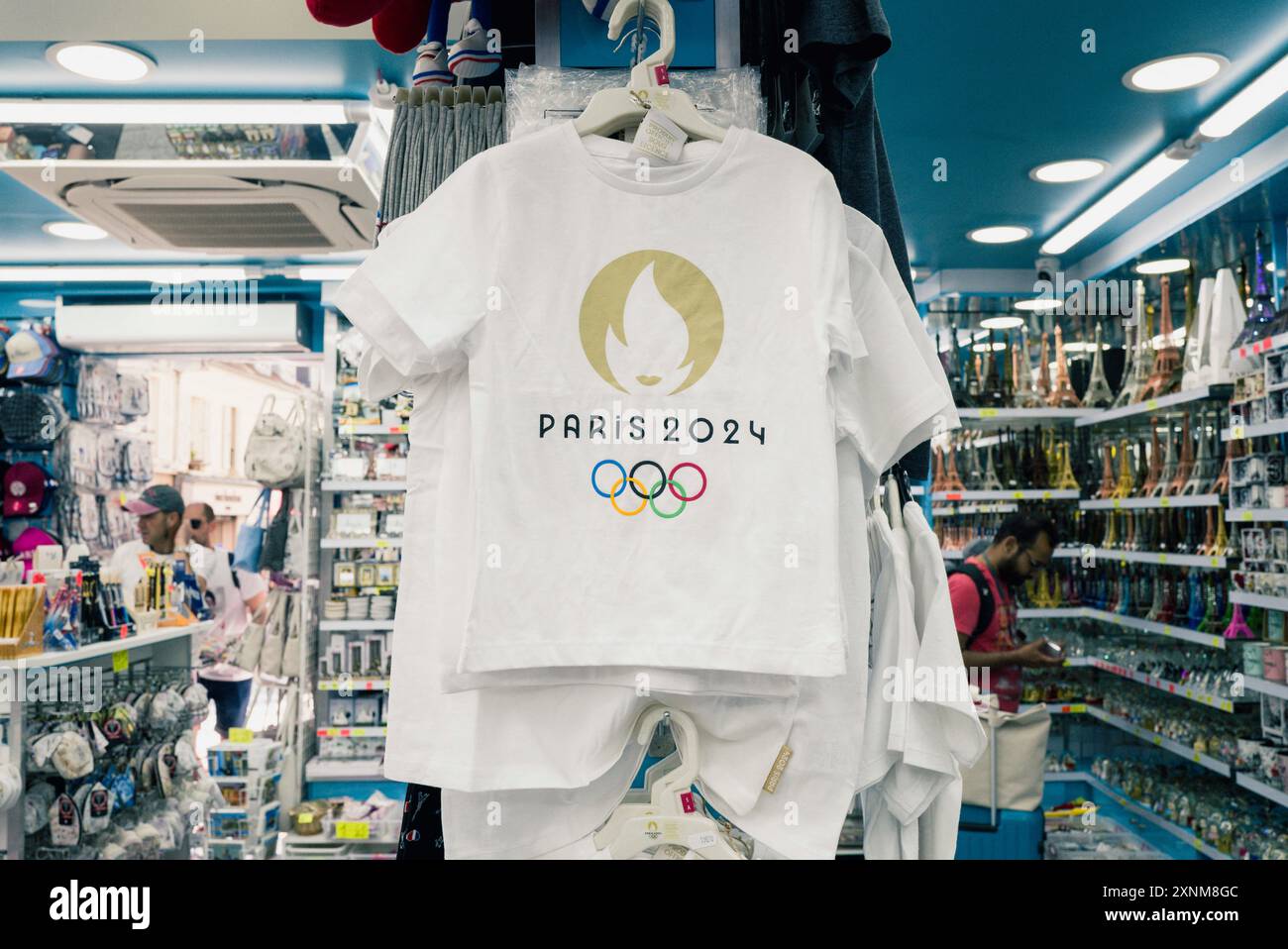 Paris, France. 29th July, 2024. Promotional items and T-shirts for the ...