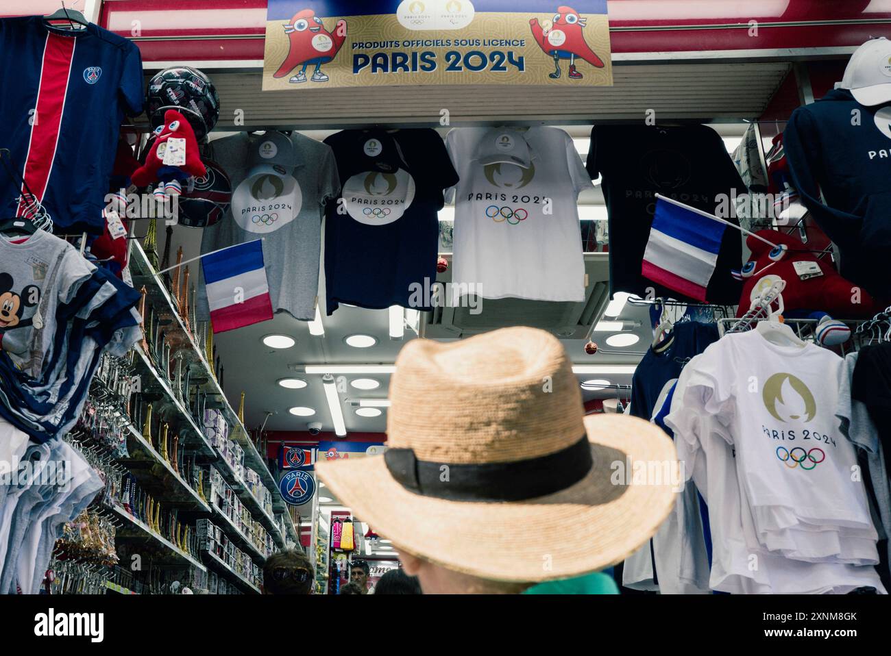 Paris, France. 29th July, 2024. Promotional items and T-shirts for the ...