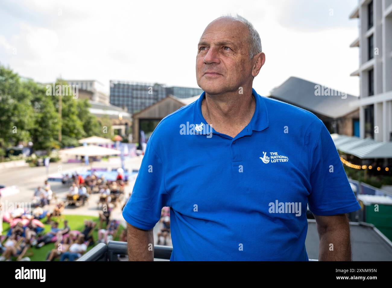 London, UK. 1 August 2024. Sir Steve Redgrave as fans in 30C heat watch ...