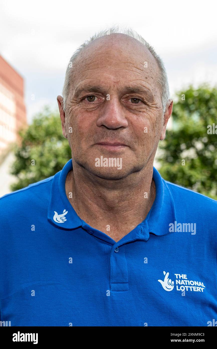 London, UK. 1 August 2024. Sir Steve Redgrave as fans in 30C heat watch ...