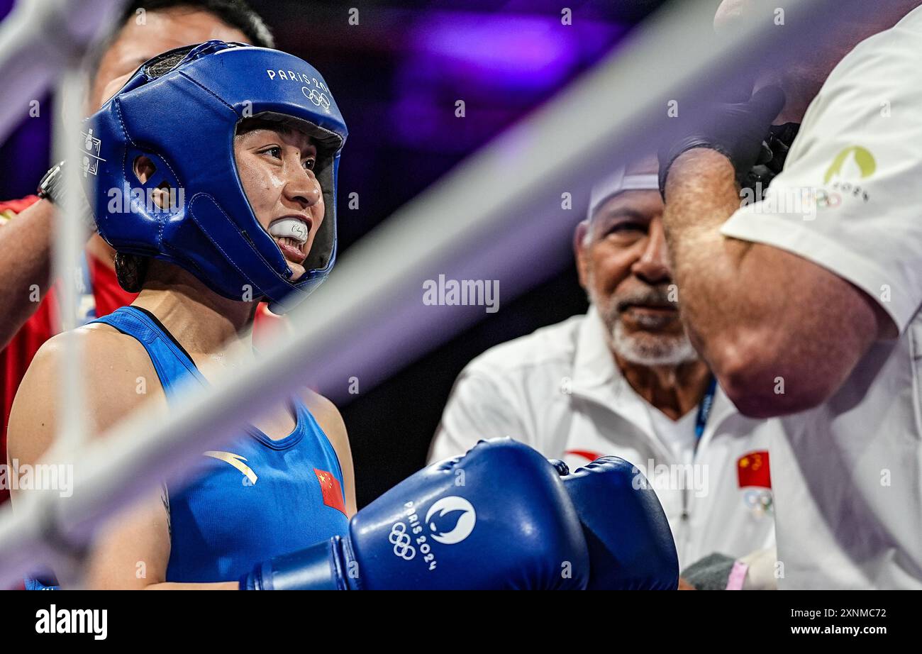 Paris, France. 1st Aug, 2024. Chang Yuan (L) of China reacts during the ...