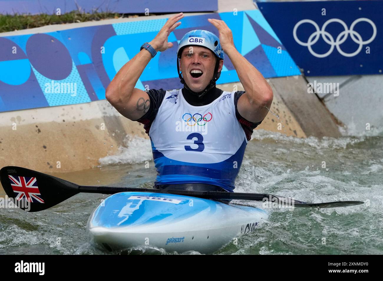 Joseph Clarke of Britain reacts after competing in the men's kayak ...