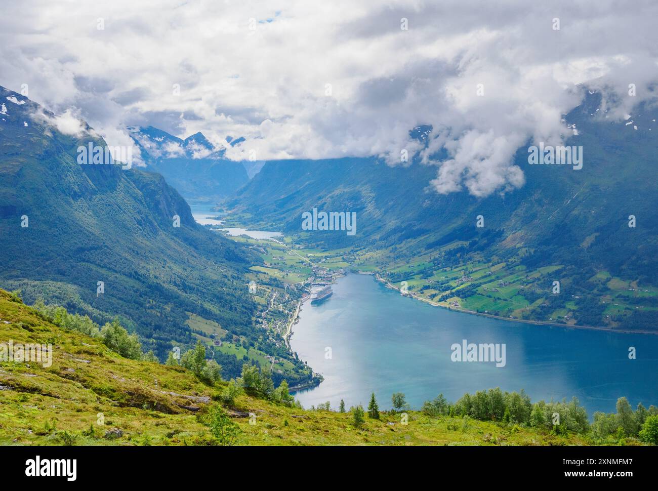 Dramatic views of cloud wreathed Lodalen off Nordfjord in Norway seen ...