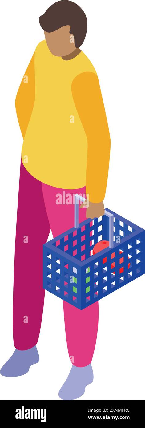 Young man is holding a shopping basket and waiting in line at the ...