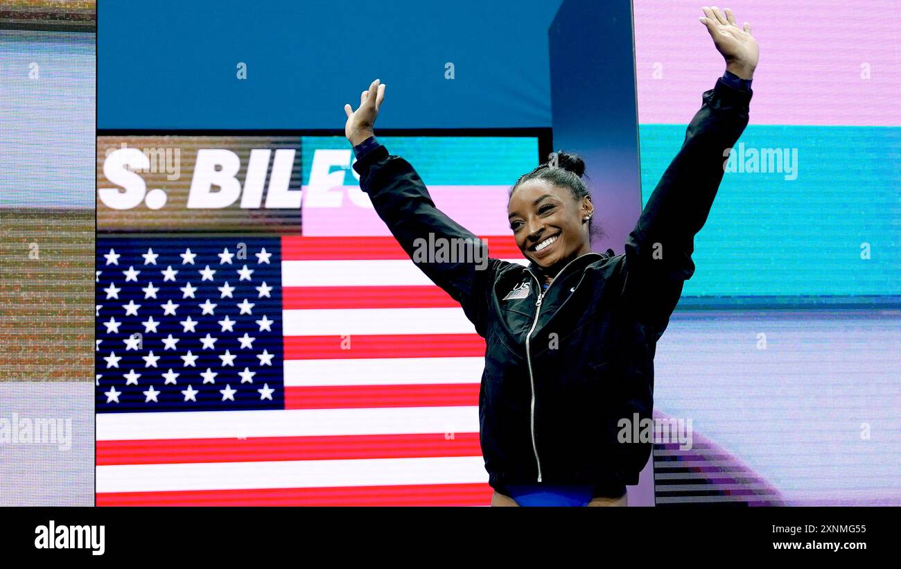 Simone Biles, of the United States, is introduced before the start of ...