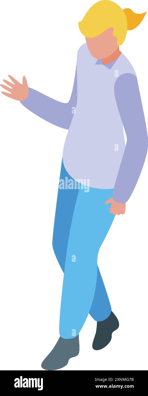 Young woman is walking and waving in this isometric illustration Stock ...