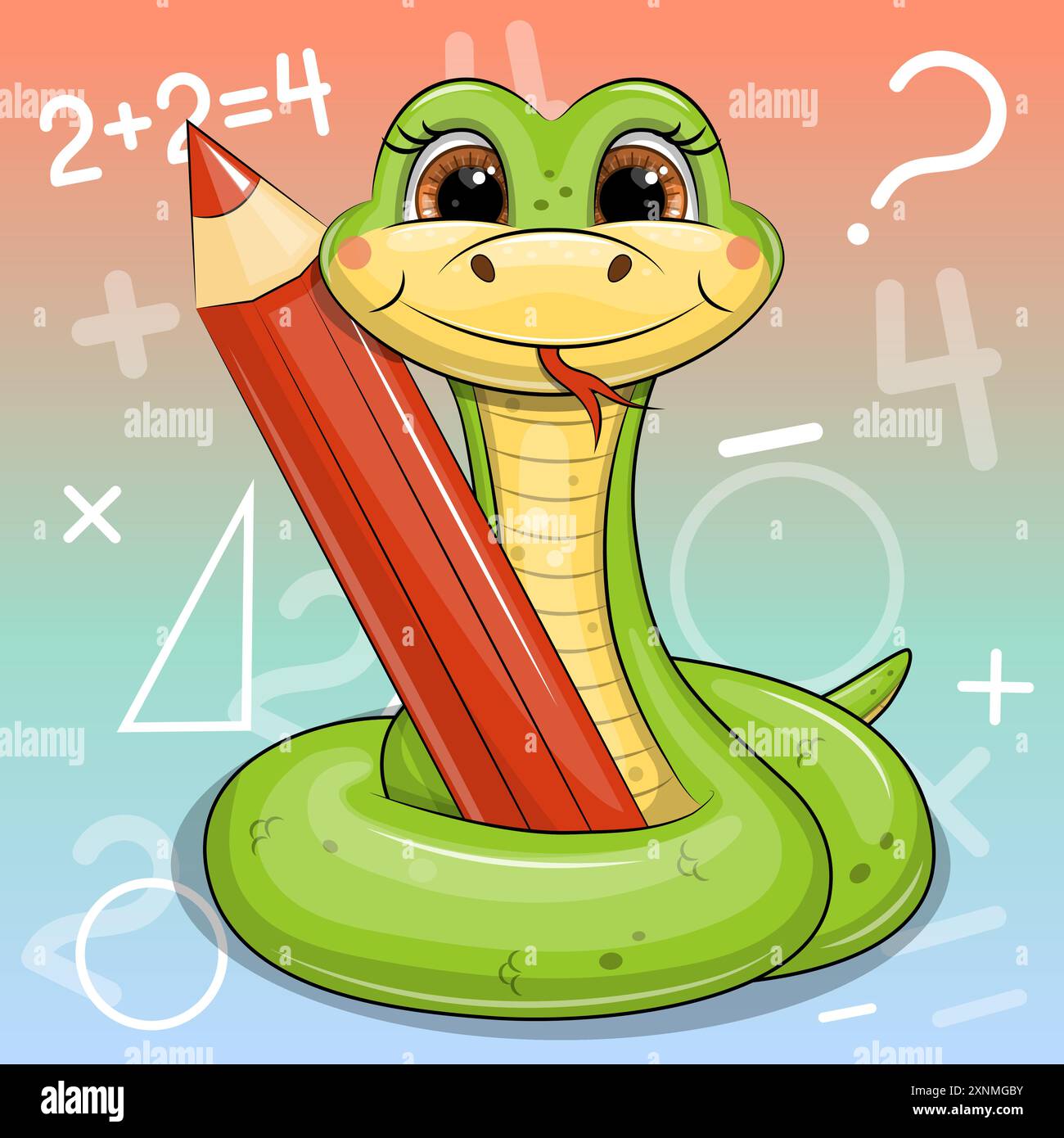 Cute cartoon green snake with big red pencil and books. School animal ...
