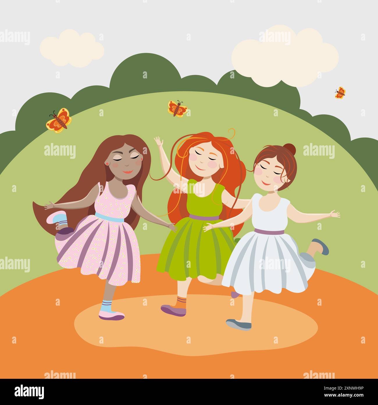 Three girls in dresses are spinning in a dance, closing their eyes ...