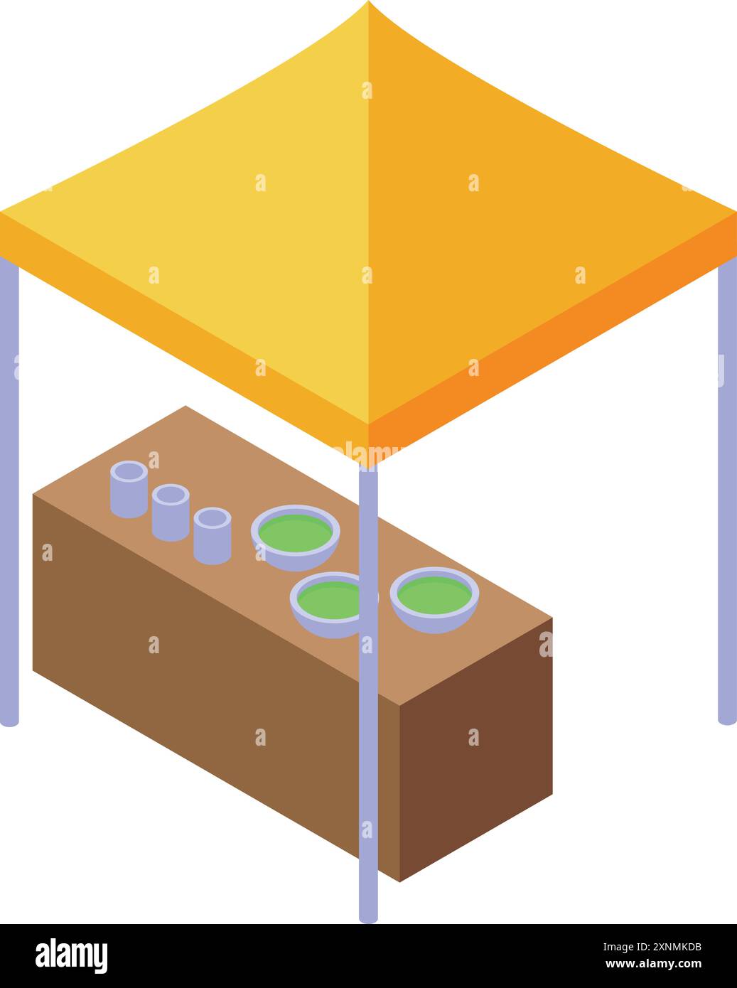 Street food market stall is selling food under yellow tent, isometric ...