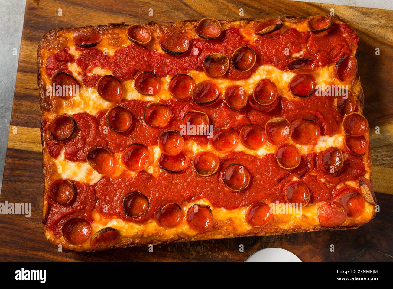 Homemade Pepperoni Detroit Style Pizza with Mozarella and Sauce Stock ...