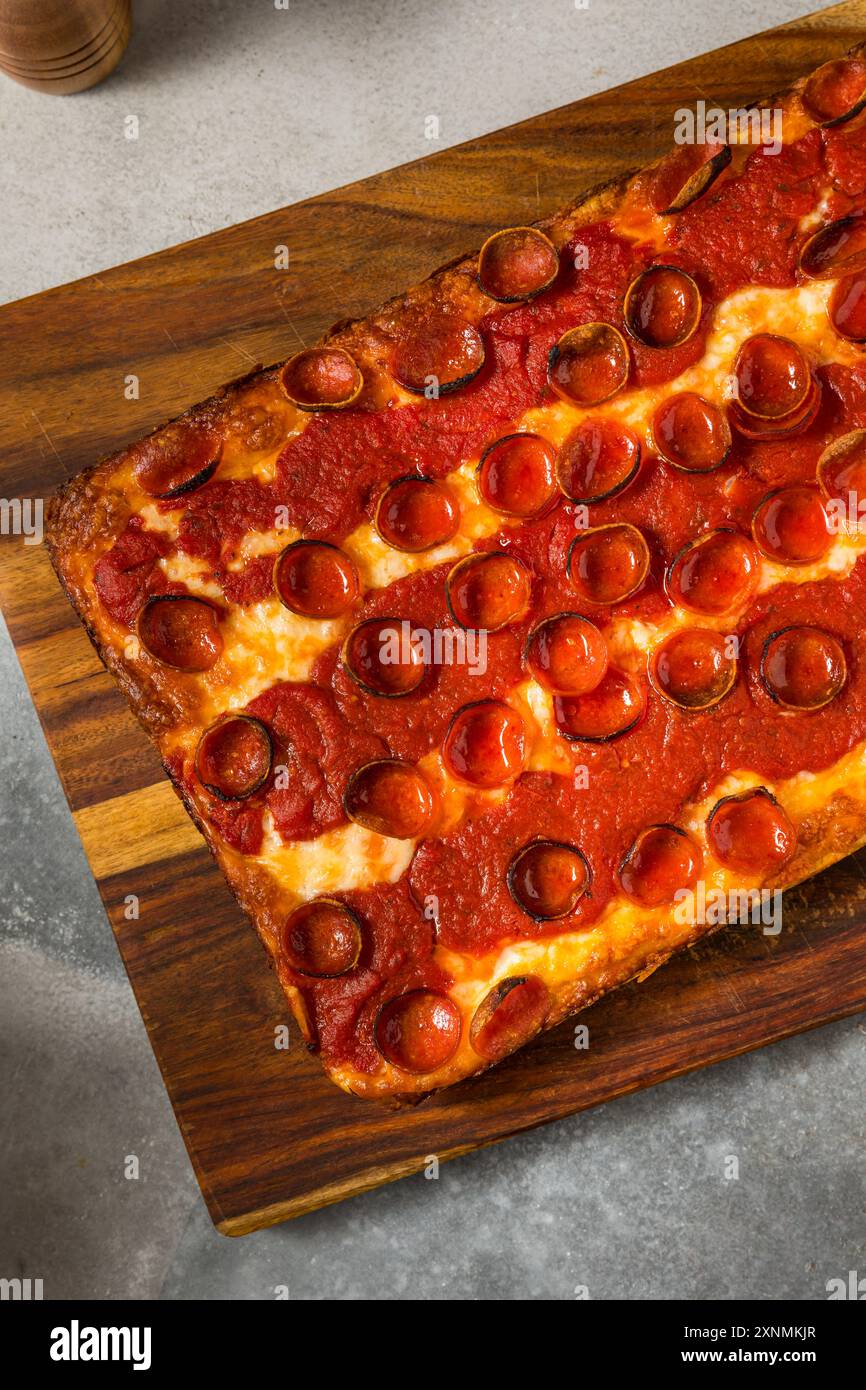 Homemade Pepperoni Detroit Style Pizza with Mozarella and Sauce Stock ...