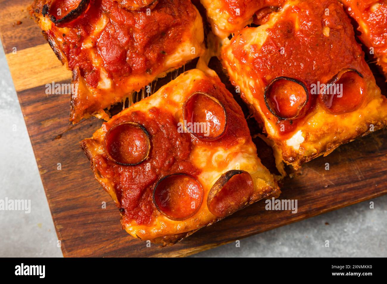 Homemade Pepperoni Detroit Style Pizza with Mozarella and Sauce Stock ...