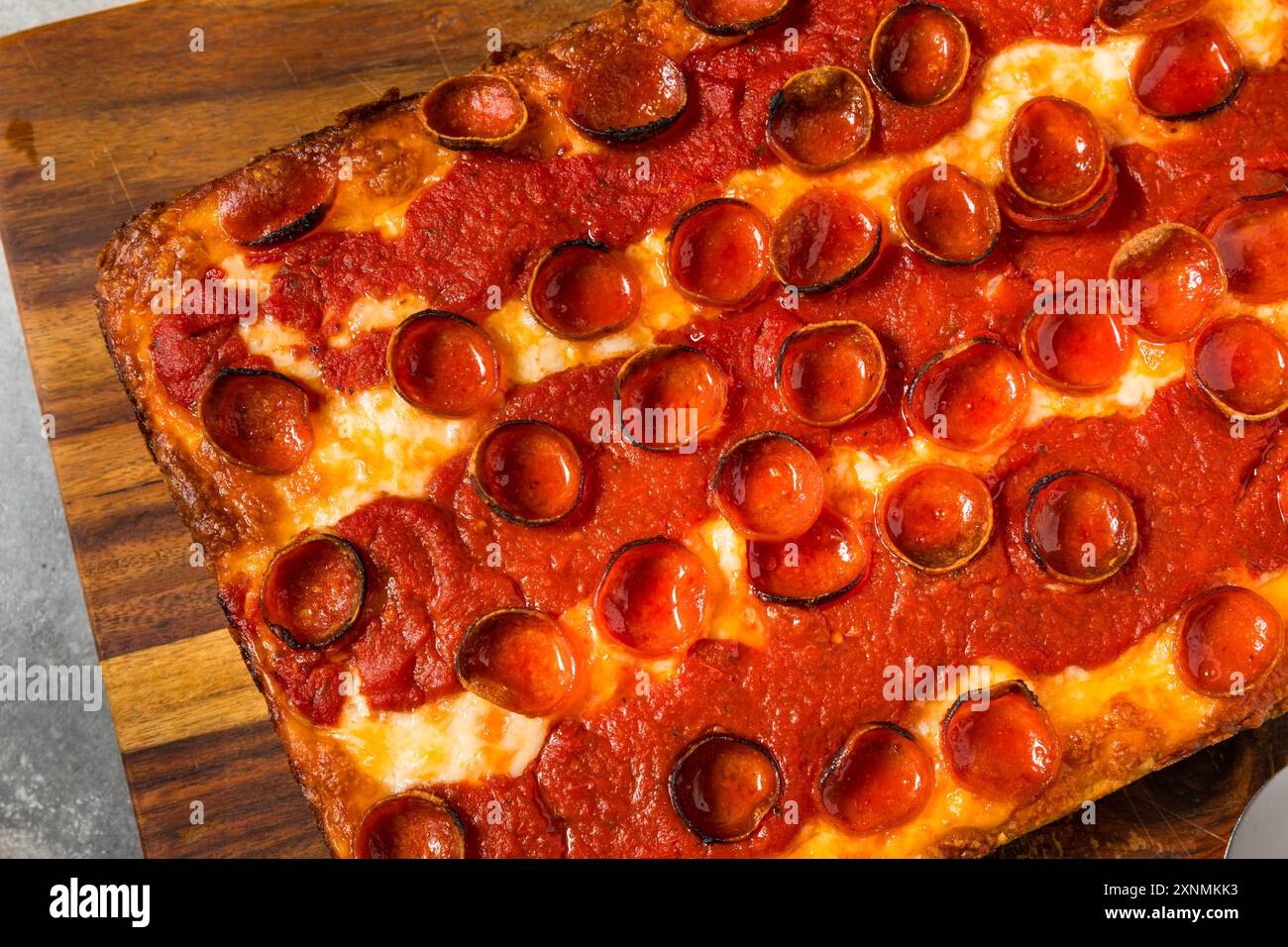 Homemade Pepperoni Detroit Style Pizza with Mozarella and Sauce Stock ...