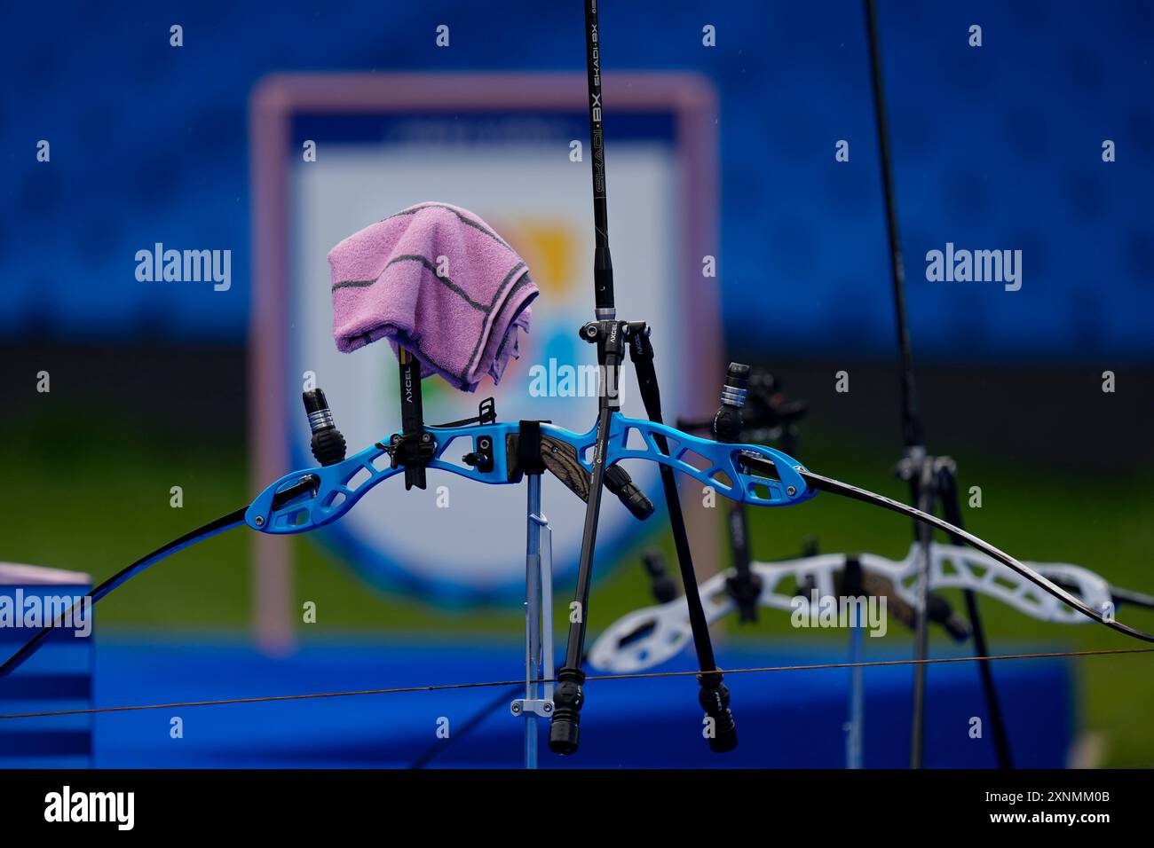 A pink towel sits on a bow during the Archery individual elimination ...