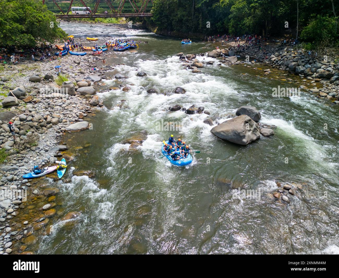 An aerial view of people rafting and kayaking in Sarapiqui River, Costa ...