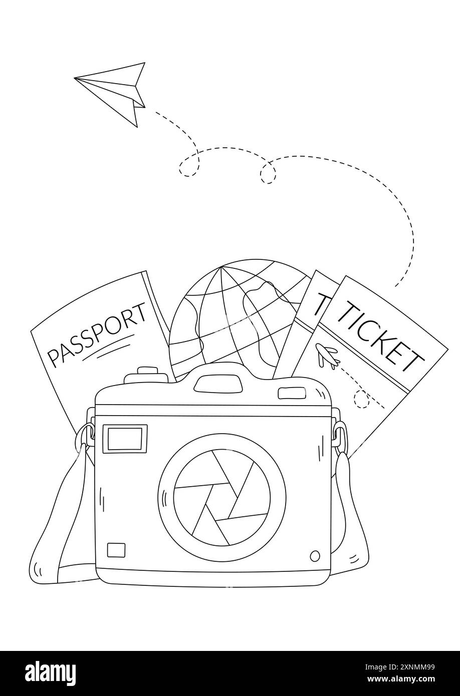 Coloring Page For Adults And Children Features Camera, Passport ...