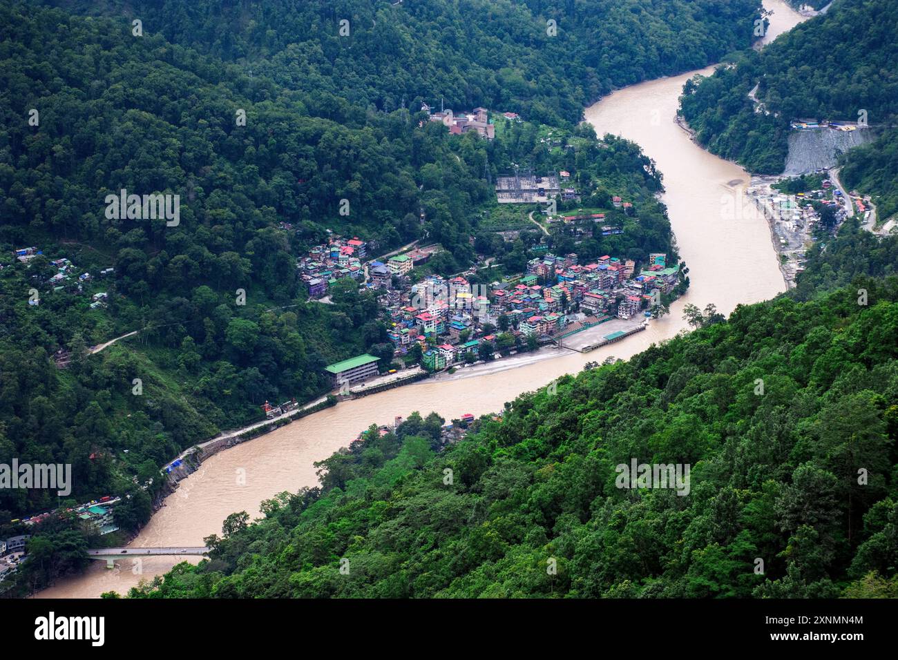Aerial view of River Tista and Melli township, The Teesta River ...