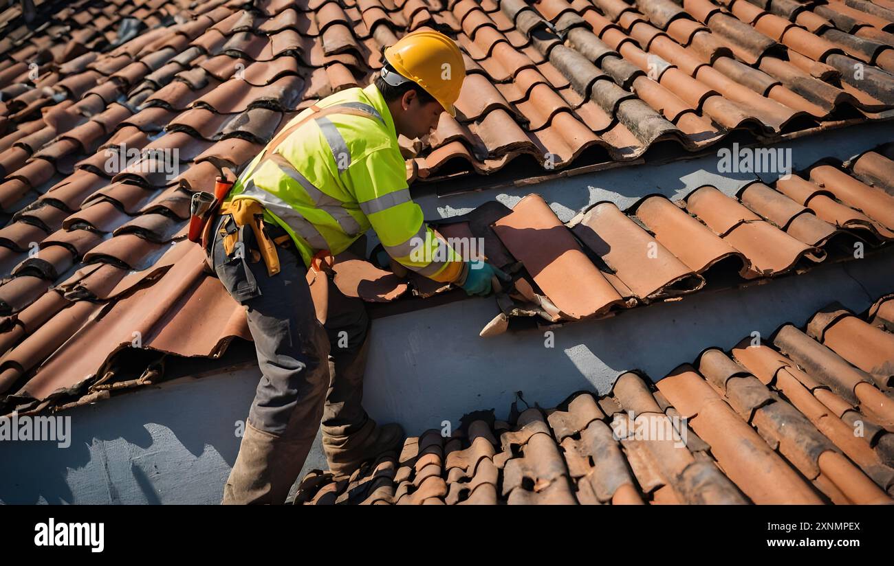 A view of a worker laying roof tiles on a building's roof Stock Photo ...