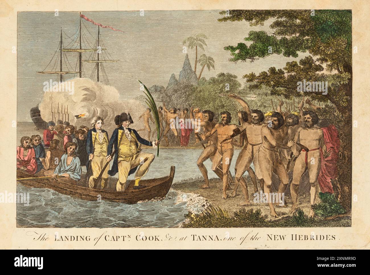Landing of Captain Cook at Tanna. Circa 1770s from engravings of Cook's ...