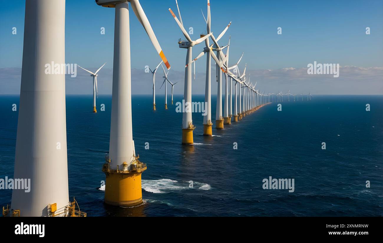 View of an offshore wind farm, wind generators at sea Stock Photo - Alamy