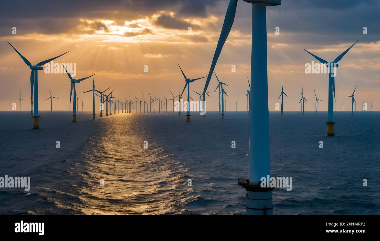 View of an offshore wind farm, wind generators at sea Stock Photo - Alamy