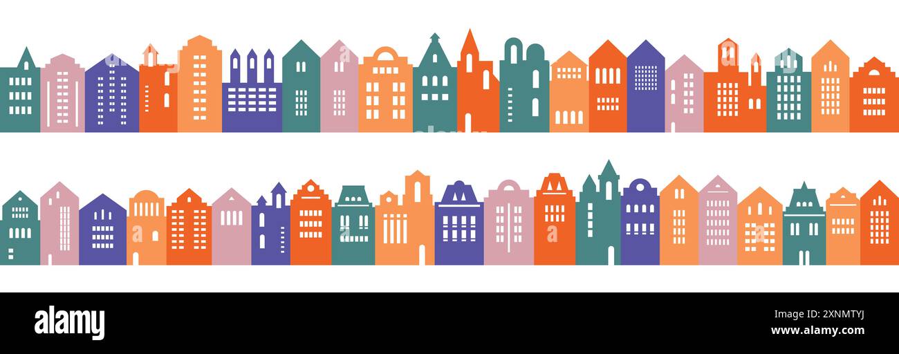 Horizontal border сolorful houses in a row. Vector illustration in flat ...