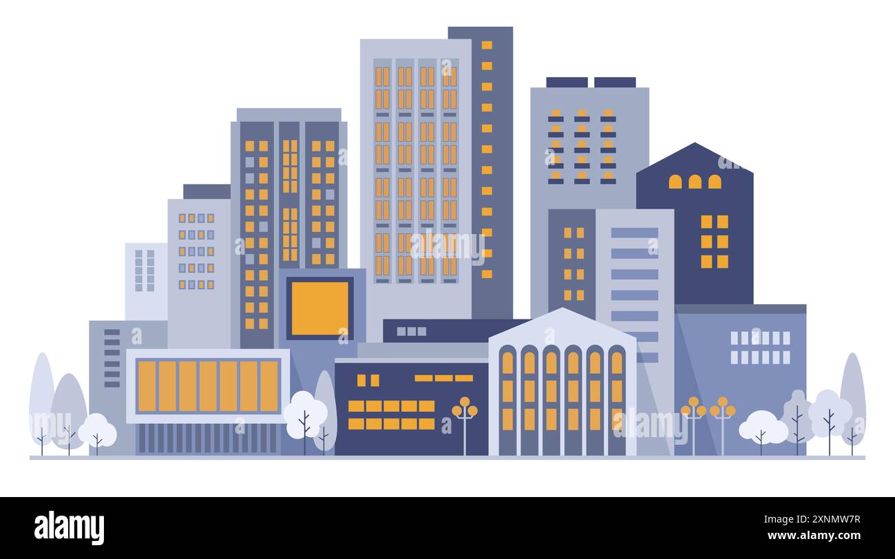 Energy saving concept. Illuminated windows in city buildings Stock ...