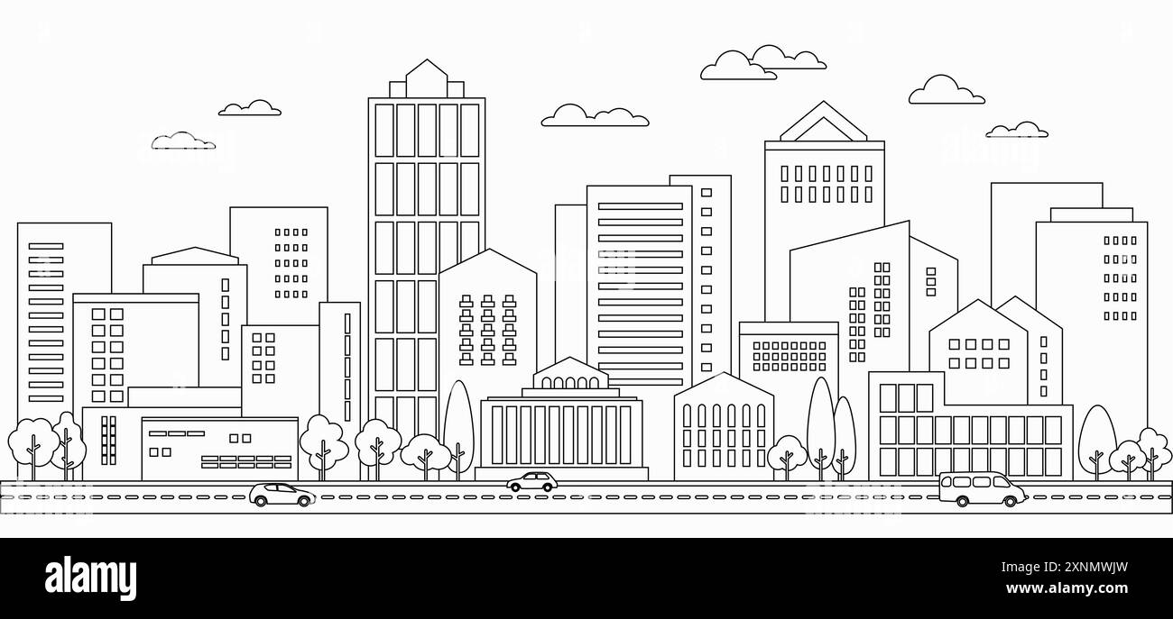 Illustration of urban landscape street with cars, trees, skyline city ...