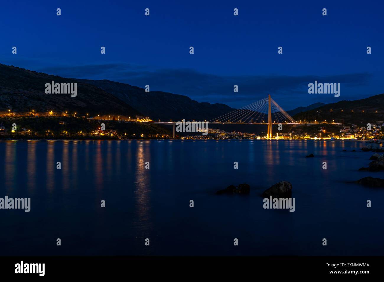Night view of cable-stayed suspnsion bridge in Dubrovnik, Croatia Stock ...