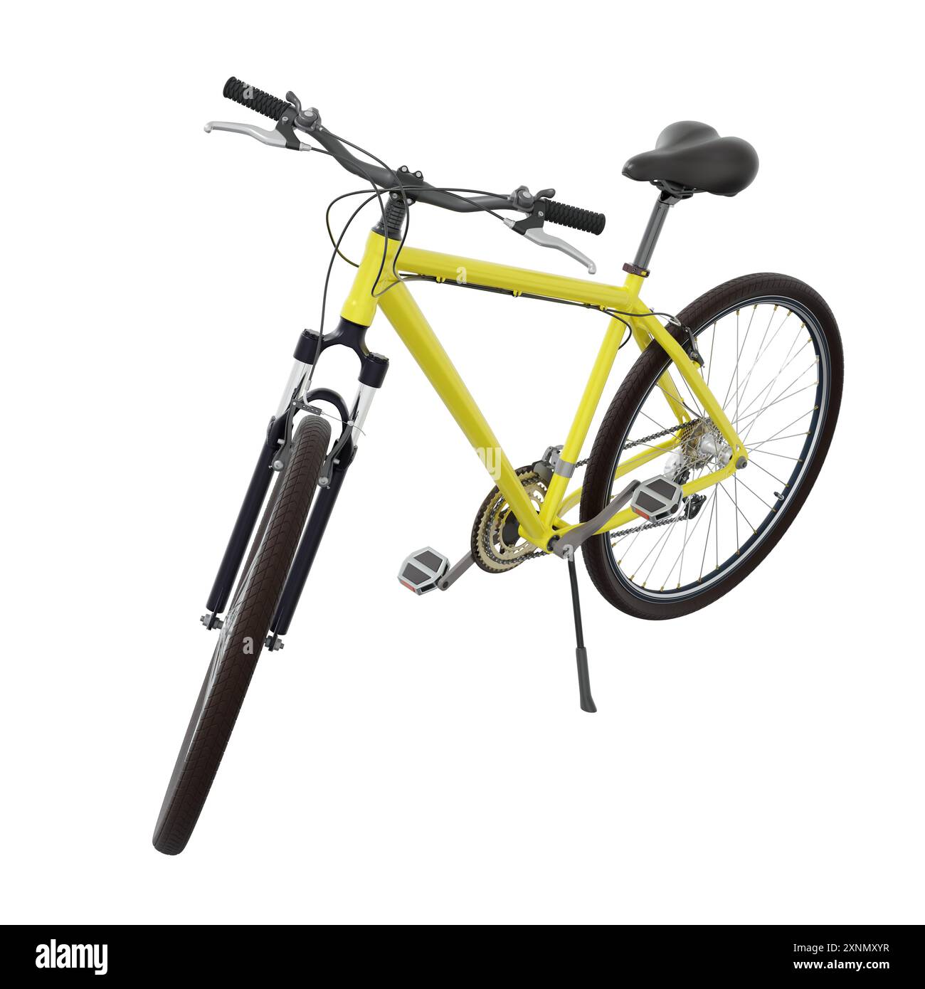 Yellow bicycle standing on kickstand, front side view isolated on white ...