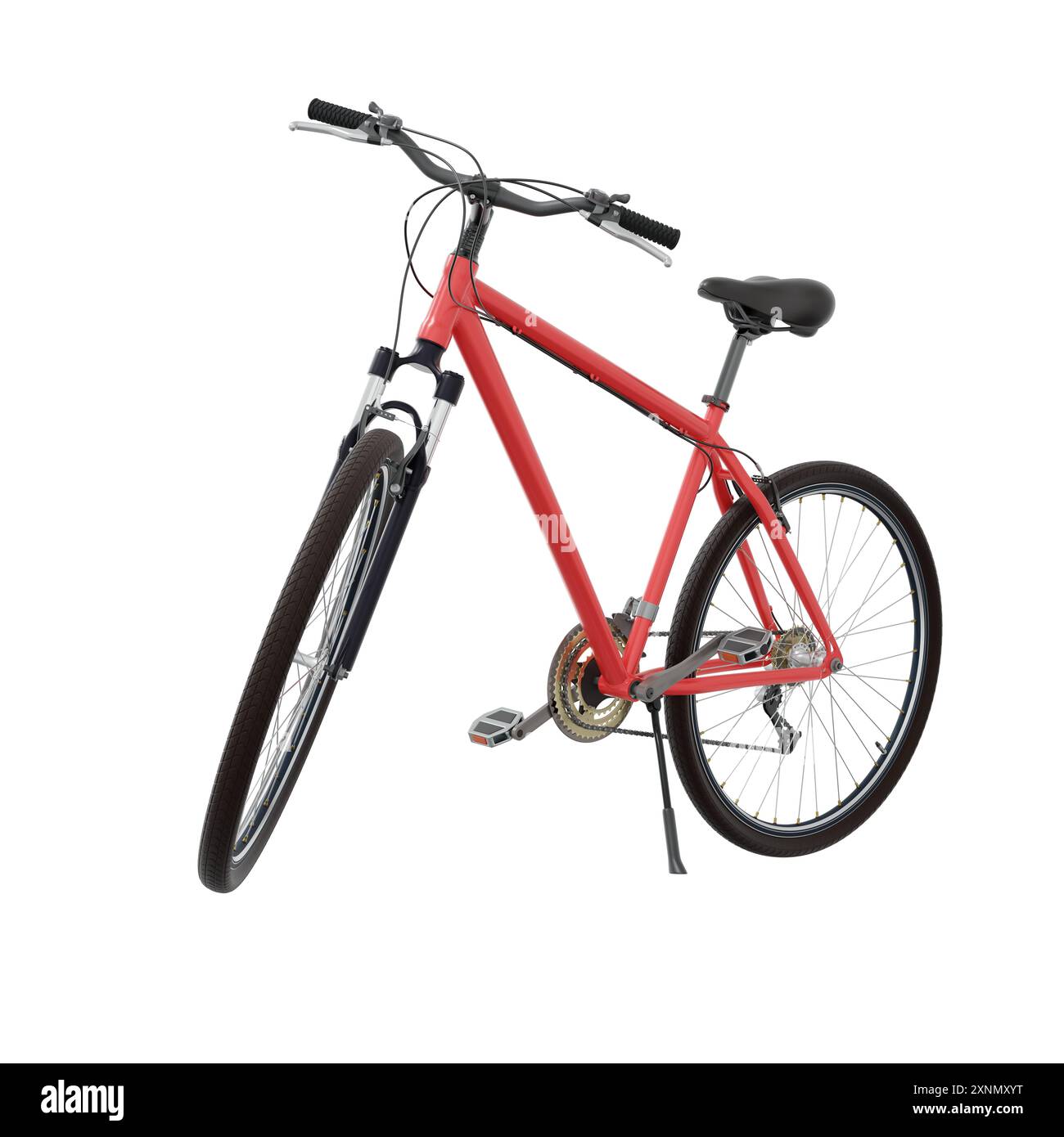 Red bicycle standing on kickstand, front side view isolated on white ...