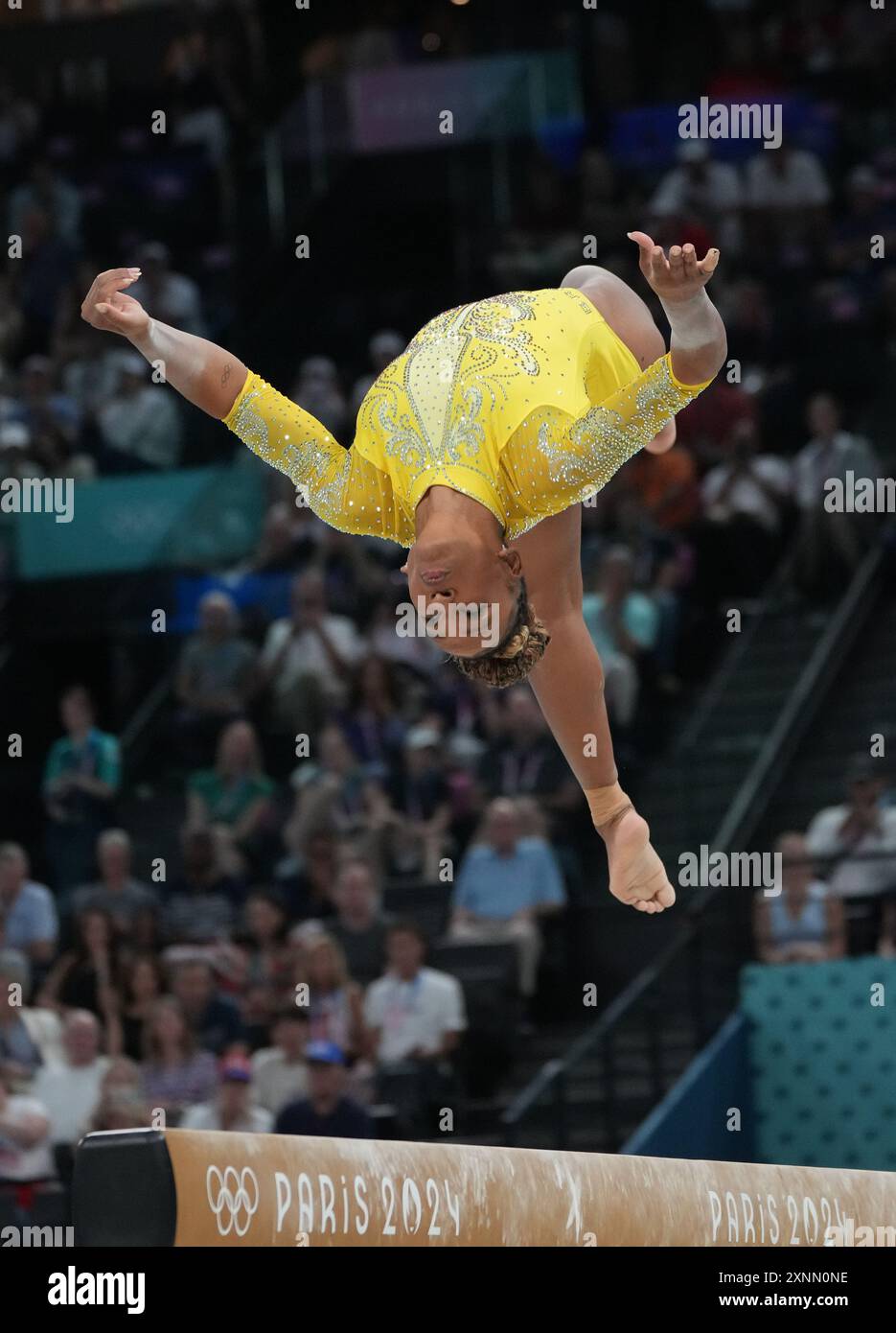 Paris, France. 01st Aug, 2024. Rebeca Andrade of Brazil performs on the ...
