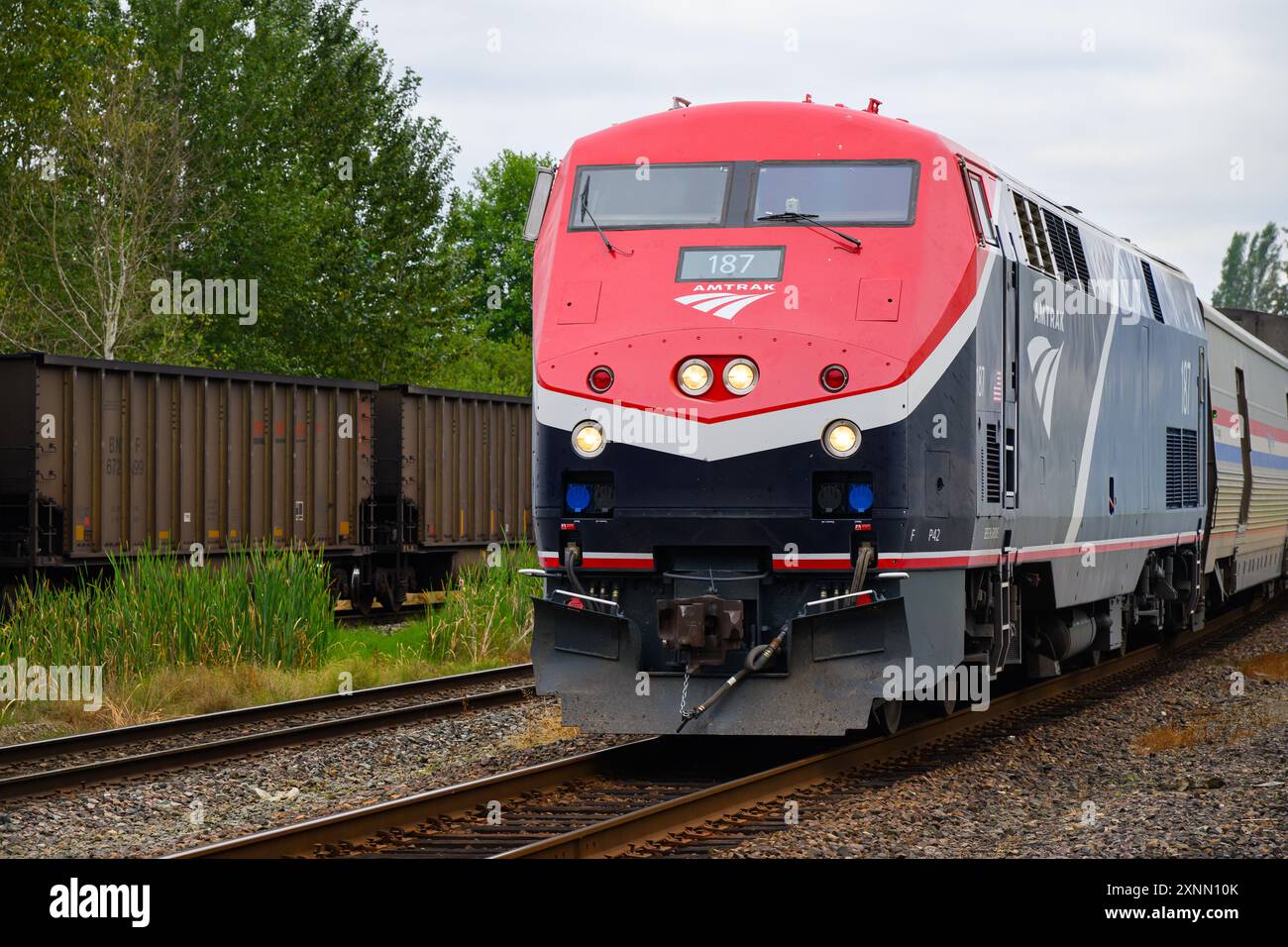 Everett, WA, USA - July 28, 2024; Amtrak P42 locomotive in Phase VII paint scheme with Empire ...