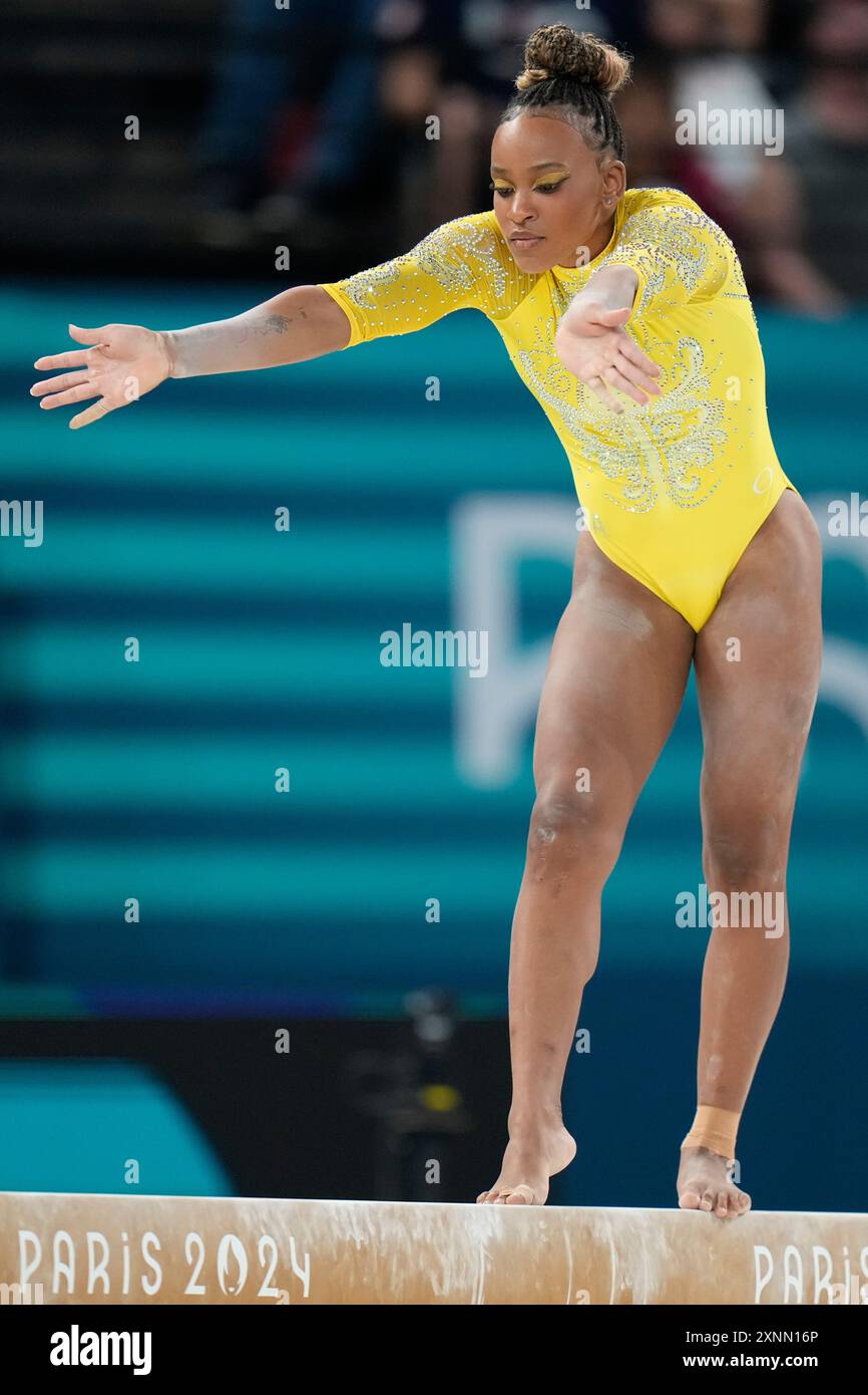 Rebeca Andrade, of Brazil, performs on the balance beam during the ...