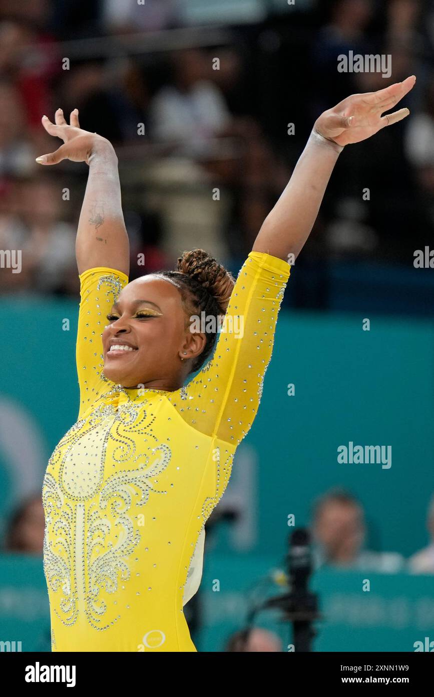Rebeca Andrade, of Brazil, after performing on the balance beam during ...