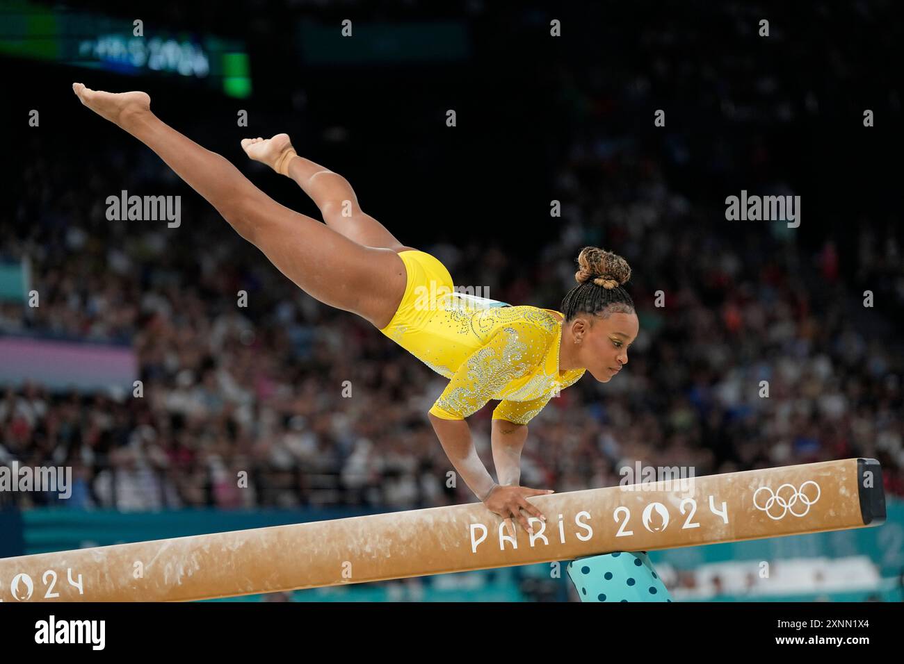 Rebeca Andrade, of Brazil, performs on the balance beam during the ...
