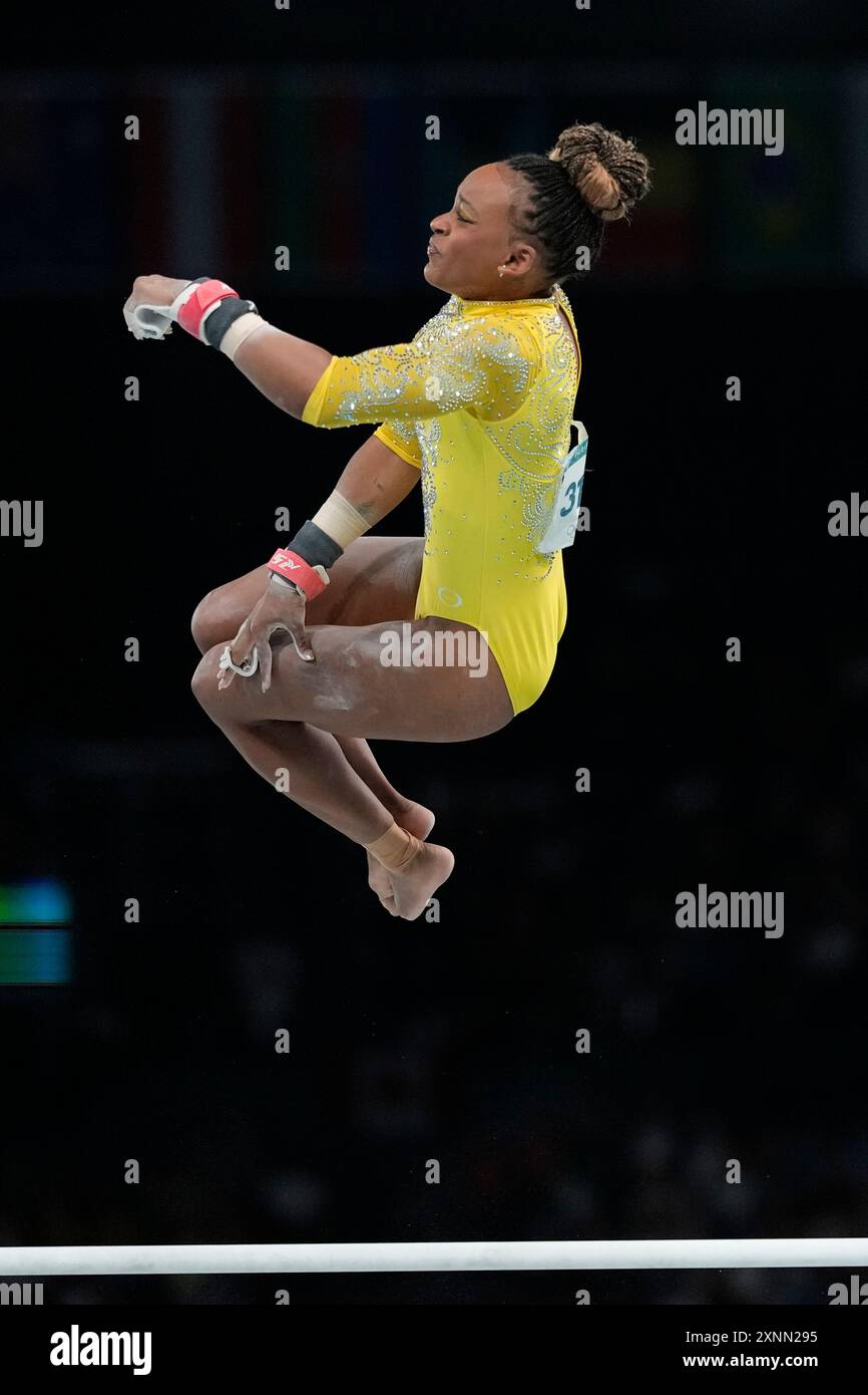 Rebeca Andrade, of Brazil, performs on the uneven bars during the women ...