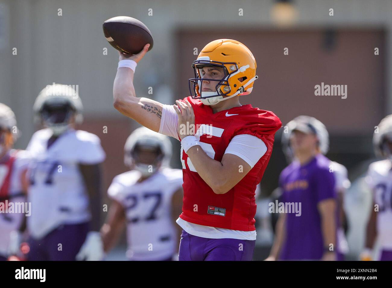 August 1, 2024: LSU quarterback AJ Swann (15) looks to complete a pass ...