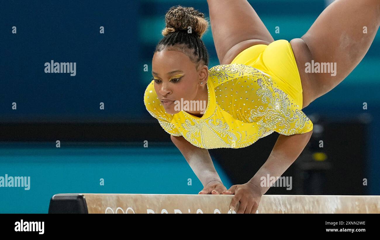 Rebeca Andrade, of Brazil, performs on the balance beam during the ...