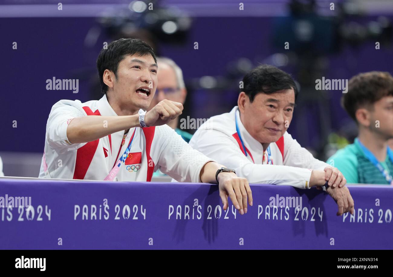 Paris, France. 1st Aug, 2024. Coach Lei Sheng (L) of China gives ...