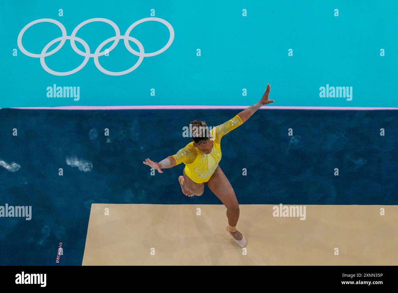 Rebeca Andrade, of Brazil, steps out during her floor routine during ...