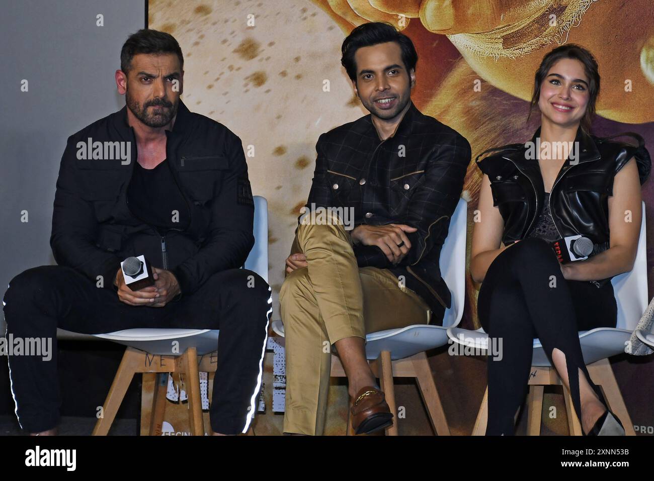 L-R Bollywood actor and film producer John Abraham, actor and casting director Abhishek Banerjee ...