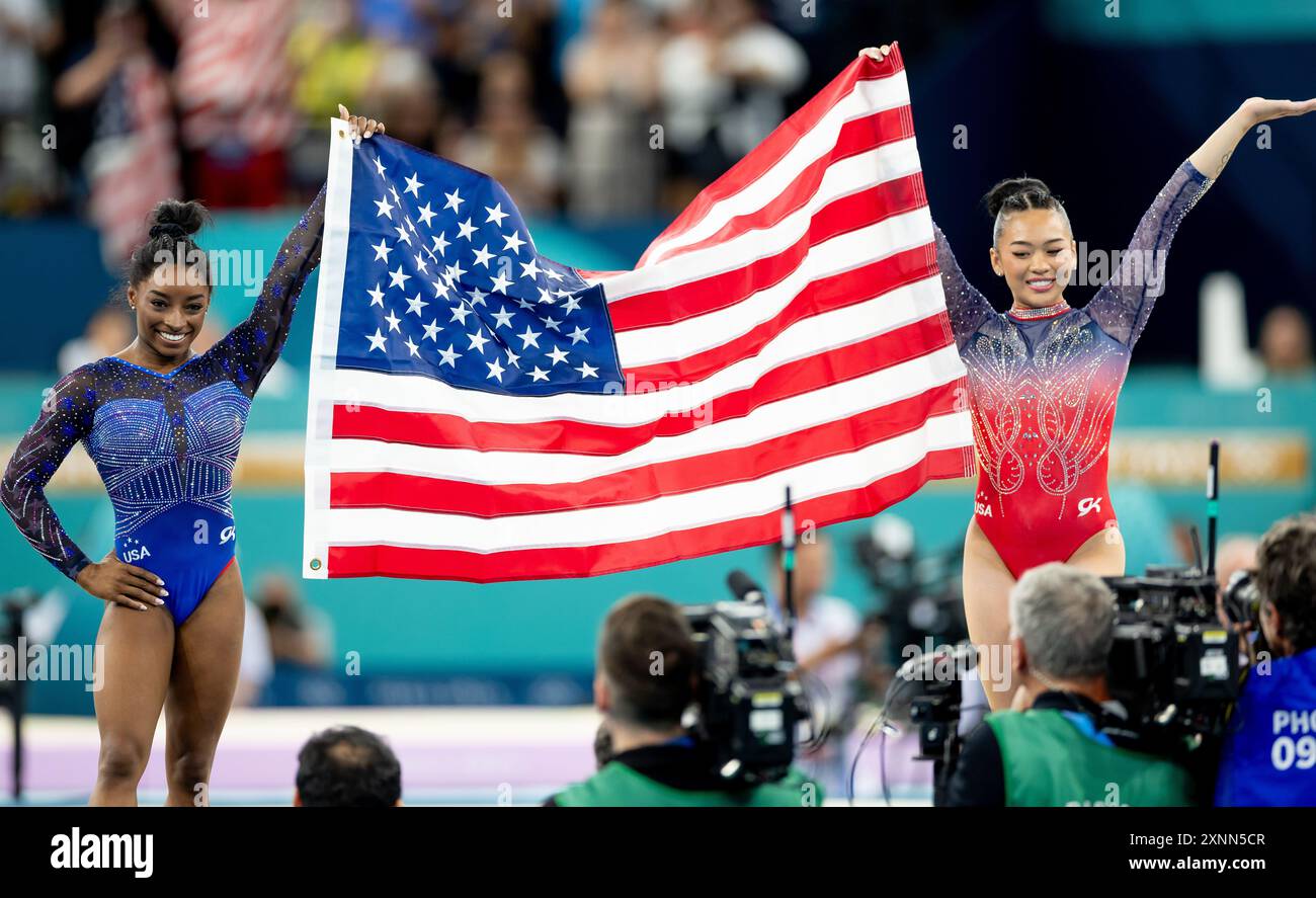 PARIS - Simone Biles and Sunisa Lee during the all-around gymnastics ...