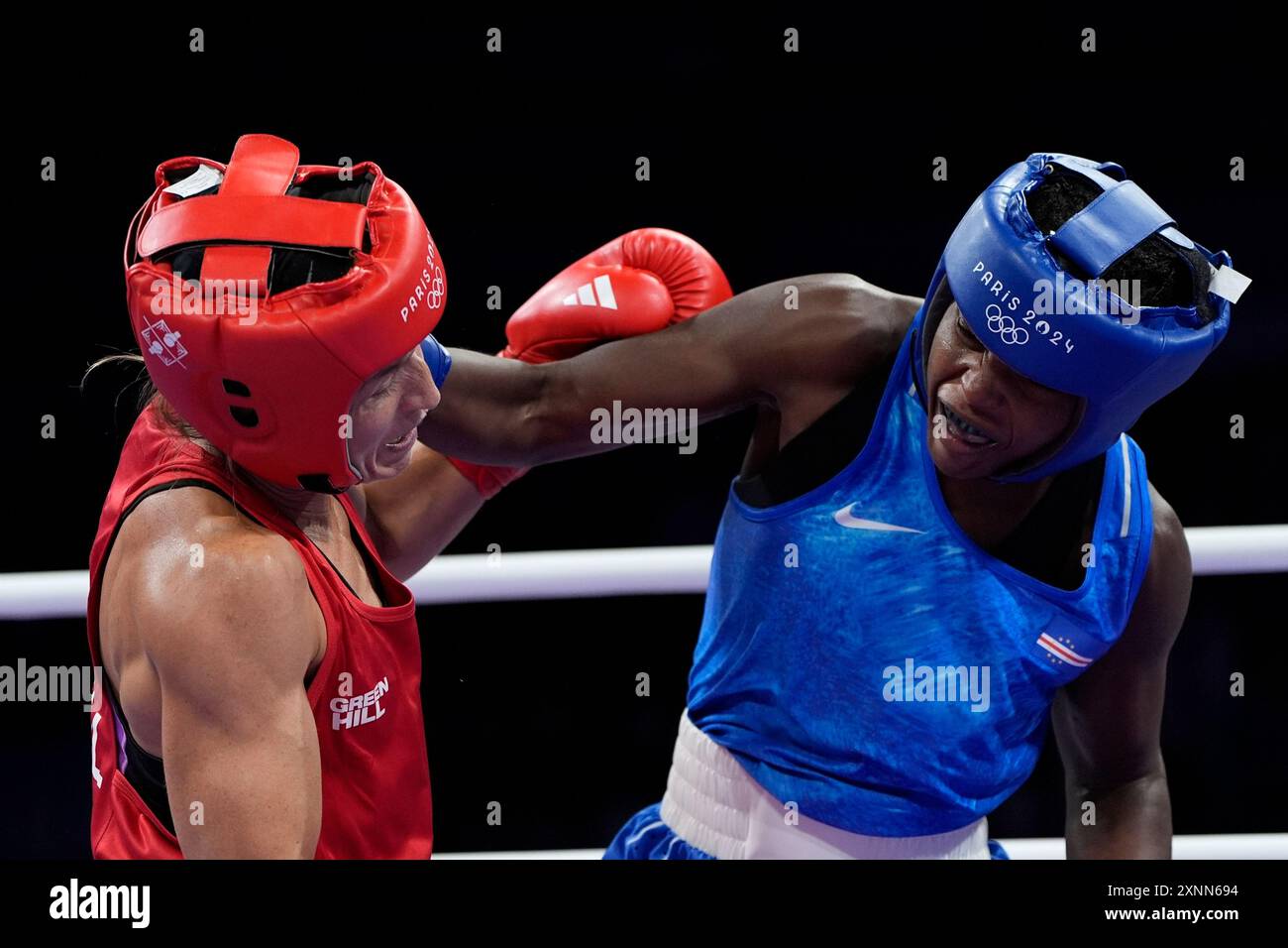 Belgium's Oshin Derieuw, left, fights Cabo Verde's Ivanusa Moreira in ...