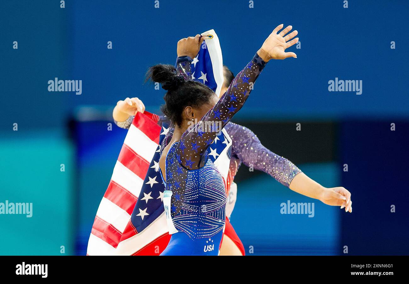 PARIS - Simone Biles and Sunisa Lee during the all-around gymnastics ...