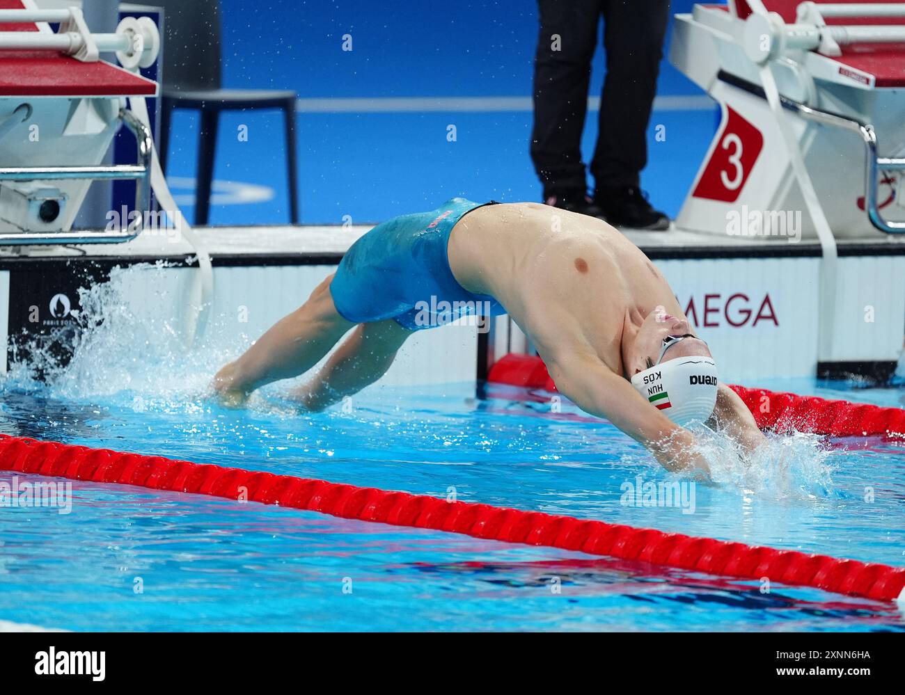 Hungary’s Hubert Kos in action during in the men’s 200m backstroke ...