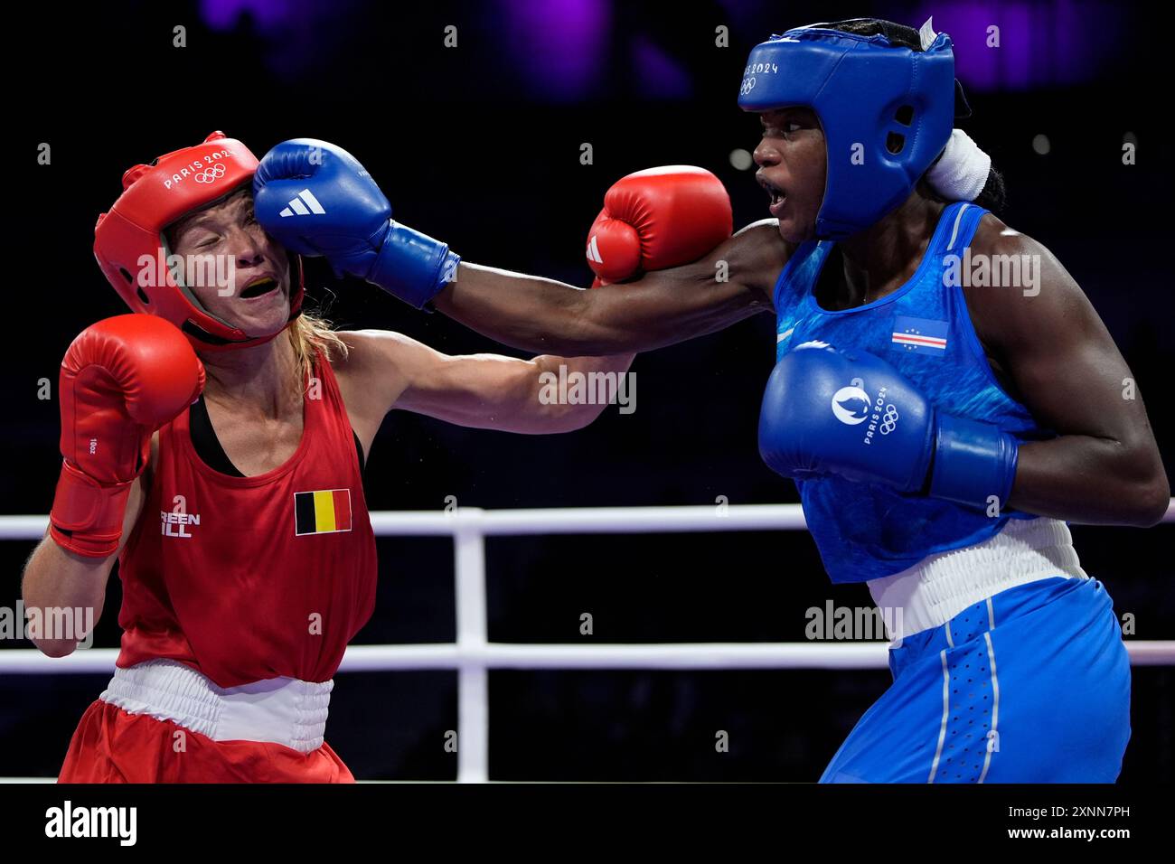 Belgium's Oshin Derieuw, left, fights Cabo Verde's Ivanusa Moreira in ...