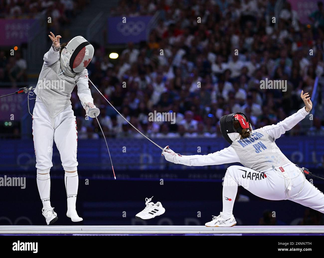 Paris, France. 1st Aug, 2024. One shoe of Guo Jessica Zi Jia (L) of ...
